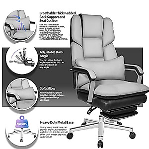 SeekFancy Reclining Office Chair with Footrest, Big and Tall Office Chair 500lbs Wide Seat with 170°Backrest, High Back Leather Managerial Chair Lumbar Support，Grey Executive Office Chair Set of 8