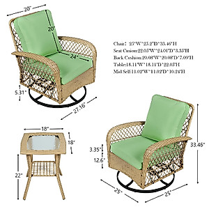 FUNKOCO 3 Pieces Outdoor Swivel Glider Rocker, Rattan Woven Patio Furniture Set, Wicker Patio Bistro Set with Washable Cushions and Glass Table for Garden, Porch, Backyard