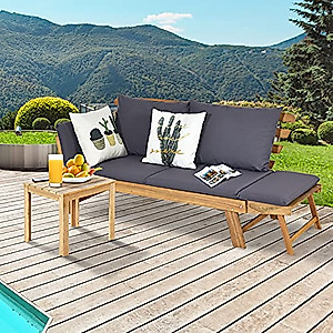 DORTALA Patio Convertible Couch Sofa Bed, Acacia Wood Daybed w/Adjustable Armrest, Collapsible Chaise Lounge w/Cushions & Pillows, Outdoor Loveseat forPoolside, Courtyard, Grey