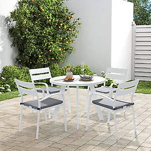 Soleil Jardin 5 Piece Outdoor Dining Set, Aluminum Patio Furniture Dining Set with Round Dining Table w/Umbrella Hole and 4 Stackable Chairs w/Cushions for Yard, Garden, Porch and Pool, White