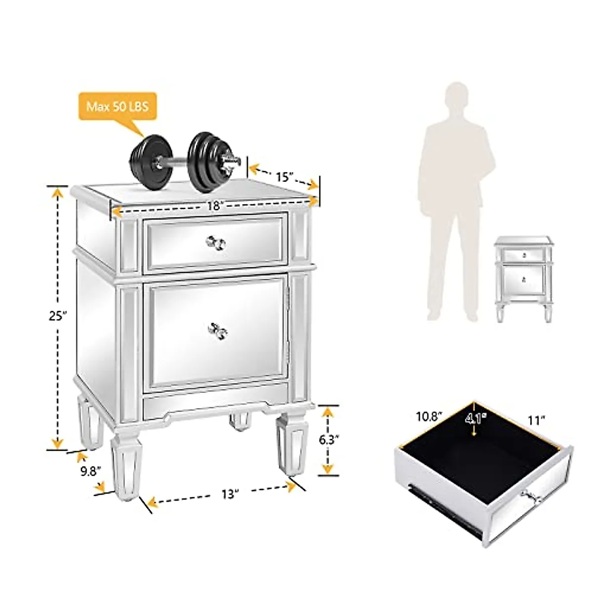 VINGLI Nightstands Set of 2 Mirrored Side Tables Glass End Table with Drawer for Bedroom, Silver