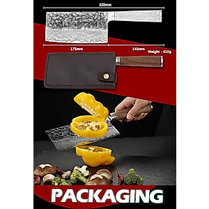 YOUSUNLONG Meat Cleaver 7 inch Vegetable Cleaver Japanese Hammer Damascus Steel - Natural Walnut Wooden Handle with Leather Sheath