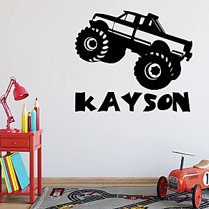 Room Wall Decor - Monster Truck with Customized Name Vinyl Decal Stickers for Home in Teen, Kids, Baby Boys Bedroom, Bathroom, Nursery or Man Cave - Custom Sizes and Colors Fit Any Themed Living Space
