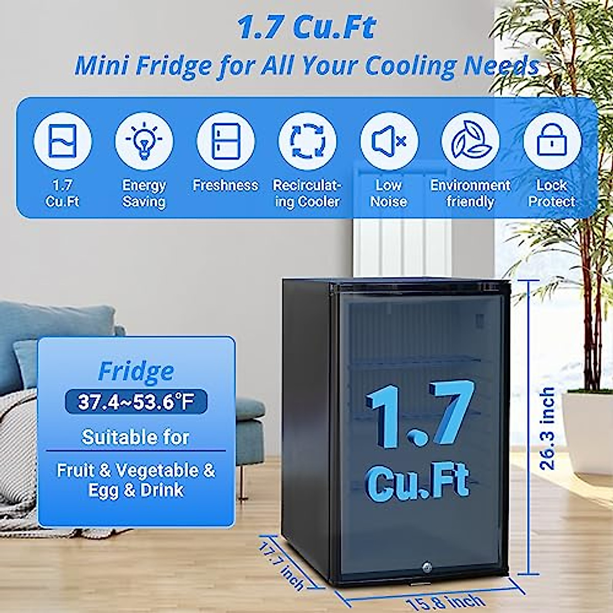 Smad No Noise 110V/12V Compact Refrigerator RV Truck Caravan Beverage Car Small Fridge with Lock, Reversible Door 1.7 Cu.Ft, Black