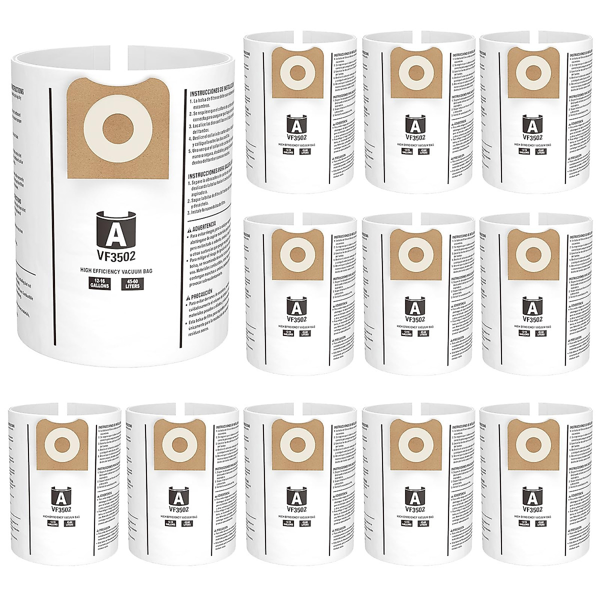 12 Pack 23743 VF3502 Vacuum Bags Compatible with Ridgid 12 to 16 Gallon Wet Dry Vacuums, High Efficiency Replacement Filter Bags for Model WD1950 WD1956 WD1850 WD1851 RV2400HF WD1450 WD1680 WD1270