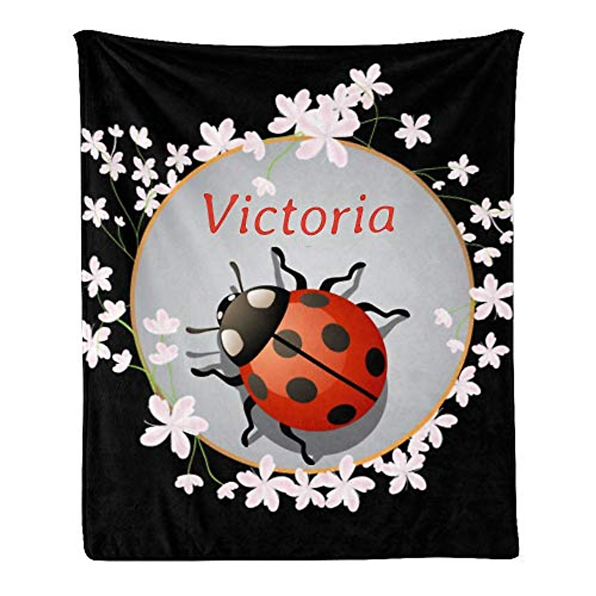 Custom Blanket with Name Text,Personalized Cute Ladybug on Pink Flower Super Soft Fleece Throw Blanket for Couch Sofa Bed (50 X 60 inches)