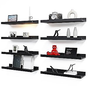 RICHER HOUSE 8 Set Floating Wall Mounted Shelves, Nursery Hanging Book Shelves with Lip for Storage, Black Display Picture Ledge Shelf for Bedroom Bathroom Kitchen Living Room Wall Decor, Modern Black