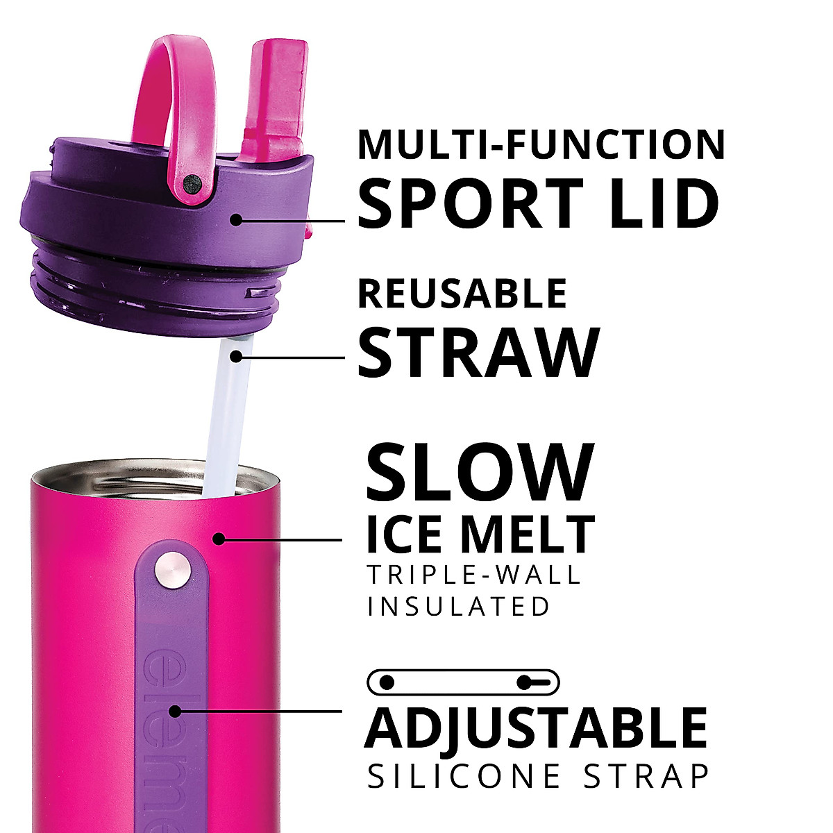 Elemental Iconic 20 oz Water Bottle with Straw Lid, Slim Insulated Water Bottles, Triple Wall Vacuum Stainless Steel Thermos, Reusable Metal Water Flask for Gym, Travel, & Sports - Berry Blast