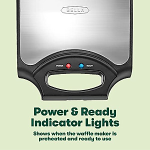 BELLA 4 Slice Non-Stick Belgian Waffle Maker, Fluffy Restaurant-Style Waffles in Under 6 Minutes, Quickly Makes 4 Large 4” x 4.5” & 1.2” Thick Waffles, Easily Wipe and Clean, Stainless Steel/Black