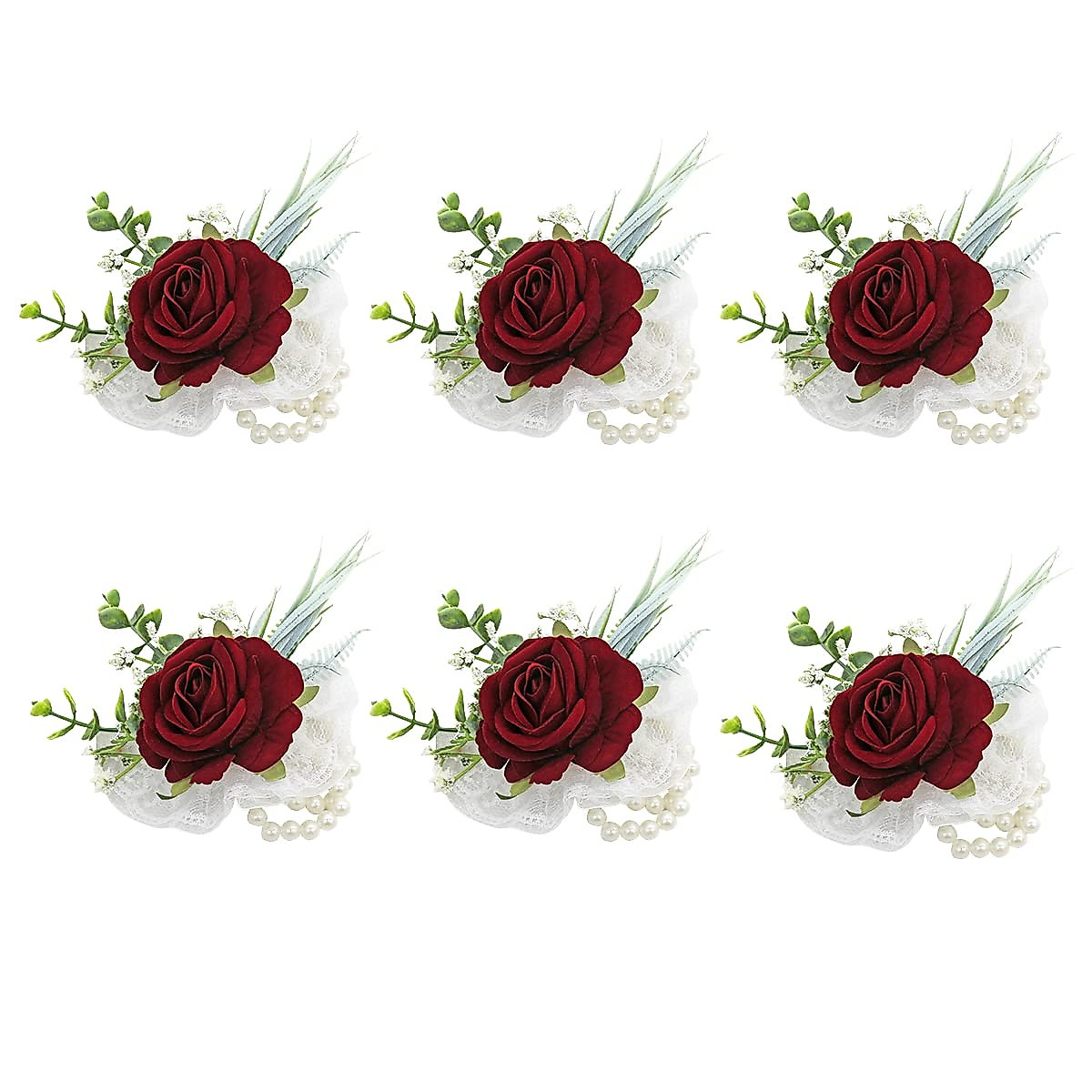Ansofi Set of 6 Burgundy Wedding Wrist Flower Wine Red Floral Wrist Corsage Bridal Rose Leaf Hand Flowers for Bride and Bridesmaid Festival Prom Engagement