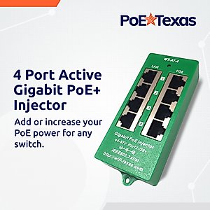 PoE Texas 4 Port PoE/PoE+ Injector with 48V 60W Power Supply - Gigabit Injector - Active Mode A Power Over Ethernet Multi Port PoE Adapter - Supports 4 PoE (802.3af or at) up to 60 watts