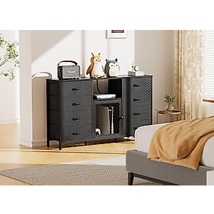 Decofy Dresser for Bedroom with LED Lights and Power Outlets, 8 Drawers TV Stand Dresser for 65 Inch TV, Fabric Chest of Drawers with Open Shelves, Black Dressers for Bedroom, Closet