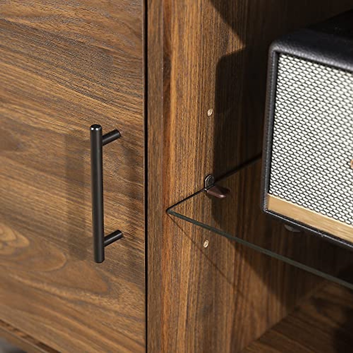 Walker Edison Saxon Mid Century Modern 2 Door Glass Shelf TV Stand for TVs up to 80 Inches, 70 Inch, Dark Walnut