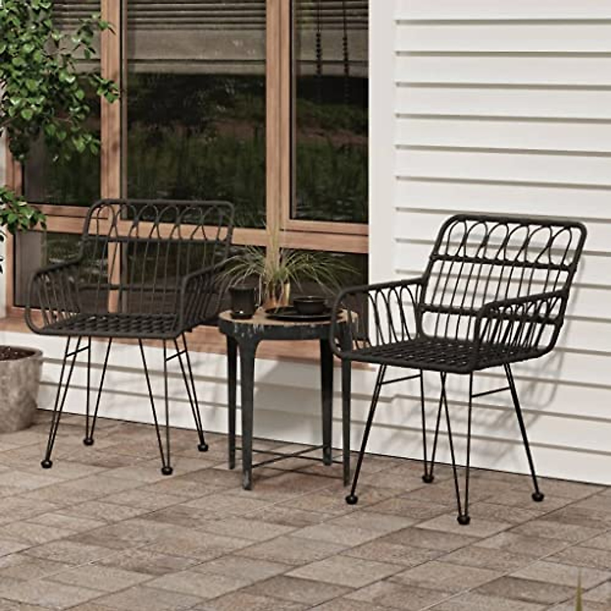 vidaXL 2X Patio Chairs with Armrest Garden Outdoor Lawn Terrace Balcony Backyard Dining Dinner Dinette Chair Seat Seating Furniture Black PE Rattan