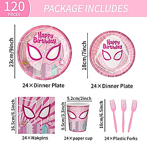 AURORAPARTY 120pcs Super Girl Hero Birthday Party Supplies Spider Pink Ghost Gwen Birthday Plates Napkins Cups Paper Disposable Banner Tablecloth Birthday Tableware Decorations Severs 24 Guests