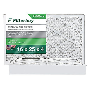 Filterbuy 16x25x4 Air Filter MERV 8 Dust Defense (2-Pack), Pleated HVAC AC Furnace Air Filters Replacement (Actual Size: 15.38 x 24.38 x 3.63 Inches)