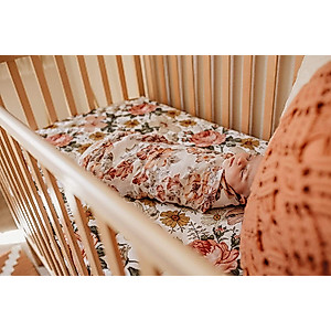 Fitted Crib Sheet (Mini Size) - Garden Floral (White) Design, Woven 100% Cotton for Baby Girl Infant Nursery Bedding and Bassinet Mattress Cover Inspiration by Mini Wander