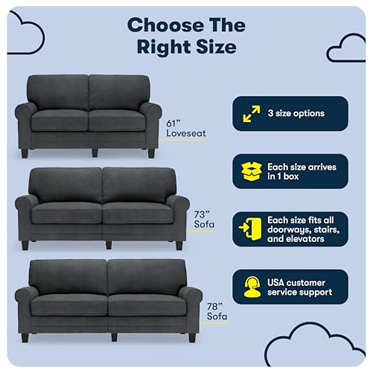 Serta Copenhagen 61" Rolled Arm Sofa, Easy Care Polyester, Soft Pillow Back, Pocket Coil Seat Cushions, Removable Covers, Loveseat or Couch for Small Spaces, Living Rooms or Bedrooms, Charcoal