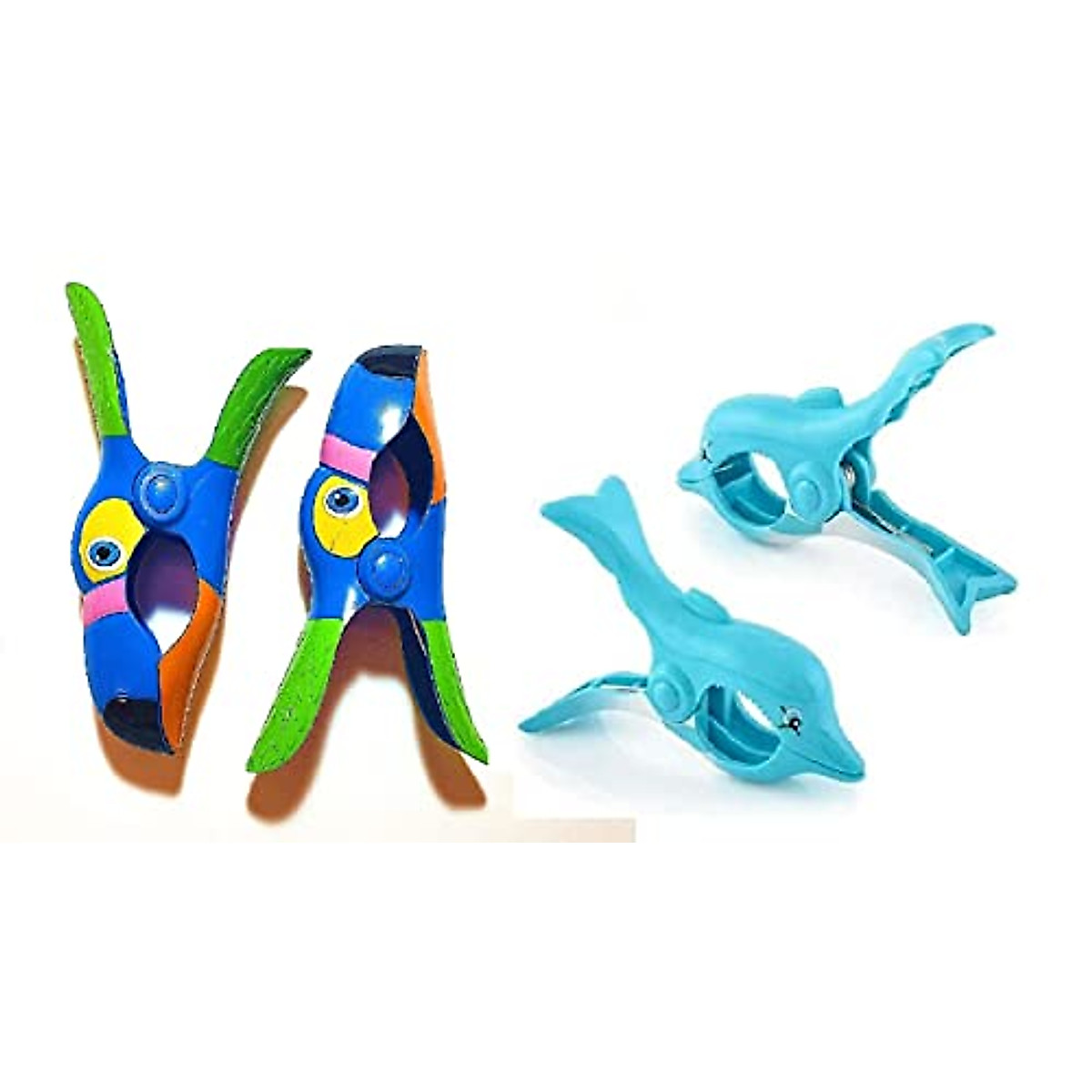 2 Set (4 Ct) Blue Toucan/Dolphin Beach Towel Clips Jumbo Size for Beach Chair, Cruise Beach Patio, Pool Accessories for Chairs, Household Clip, Baby Stroller
