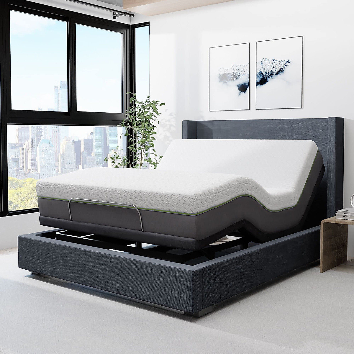 Blissful Nights e4 Queen Adjustable Bed Base Frame with 12" Medium Firm Copper and Gel Infused Memory Foam Mattress