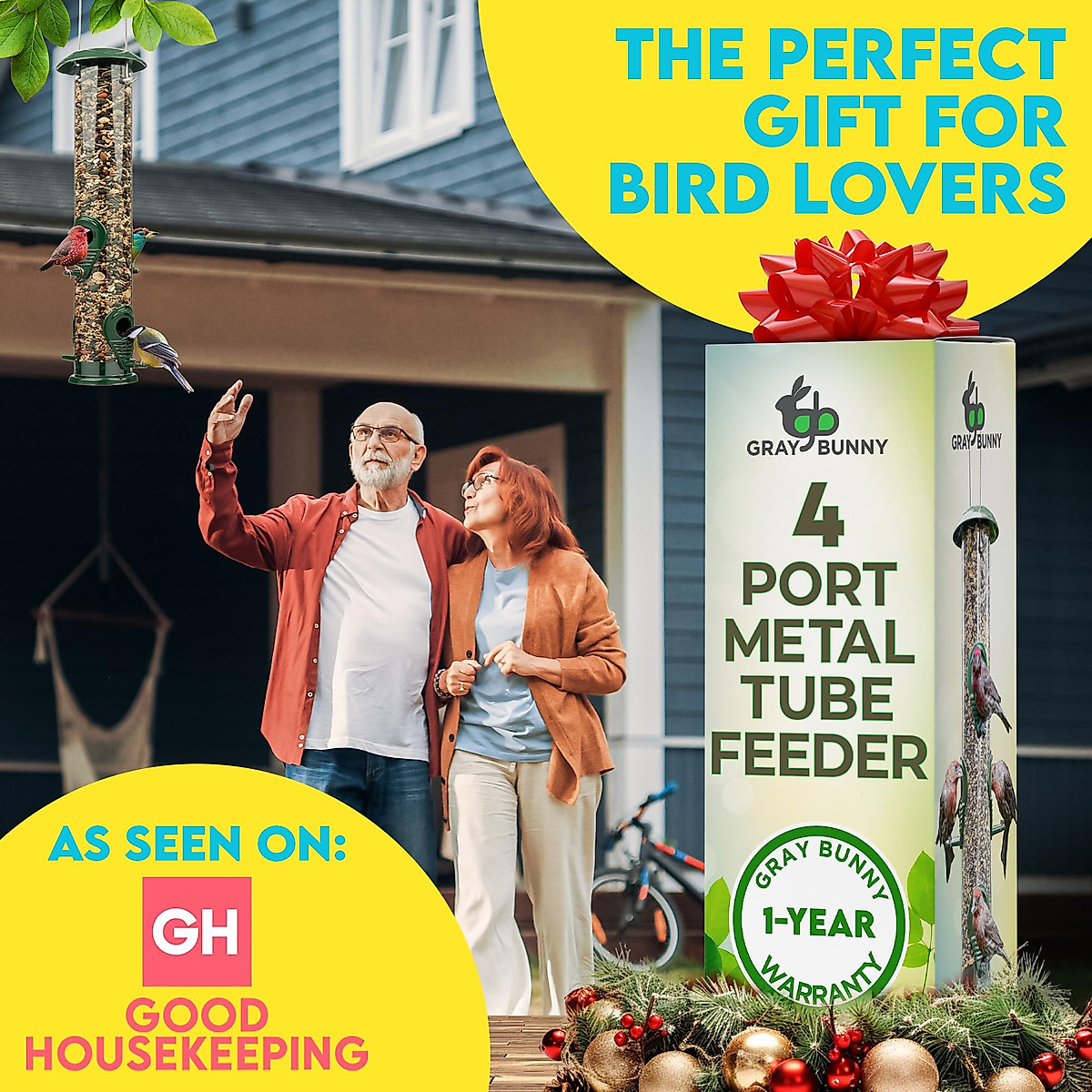 Gray Bunny Metal Bird Feeder, 4-Port Wild Bird Feeders for Outdoors Hanging, Heavy Duty Chew-Proof and Rust-Proof Tube Feeder, 15 Inches