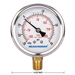 MEASUREMAN 2-1/2" dial,Glycerin Filled, Stainless Steel case, Brass Inside, 30inHg/-100kpa-0-30psi/200kpa,1/4"NPT Lower Mount