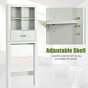 Giantex Over The Toilet Storage Cabinet Shelf, Toilet Shelf Organizer Cabinet Toilet Storage Rack w/ 4 Open Cubes Adjustable Shelves & Double-Door Cabinet, Bathroom Organizer Over Toilet, White