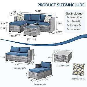 Shintenchi Patio Furniture Sets 3 Pieces Outdoor Sectional Sofa Silver All-Weather Rattan Wicker Sofa Small Patio Conversation Couch with Washable Cushion and Glass Table(Aegean Blue)