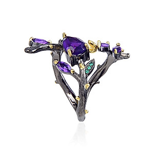 Fine Color Jewels Amethyst 0.47 carat Gold Plated Adjustable Flower Statement Ring - Solitaire Promise Cocktail Ring For Mothers Day Gift (Ring Size 5, 6, 7, 8)