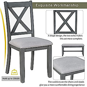 6 Pieces Dining Table Set, Wood Rectangle Table and 4 Chairs with Bench with Cushion, Kitchen Table Chairs Set for 6 Persons (Gray)