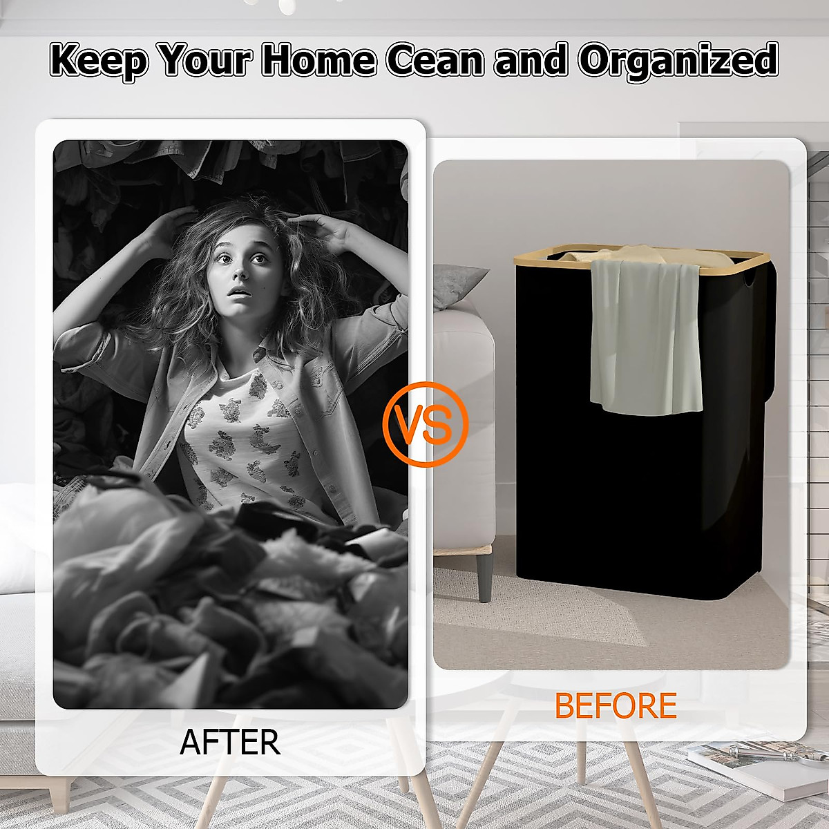 150L Laundry Basket with Lid, Large Double Laundry Hamper with Bamboo Handles, Removable Laundry Bags, 2 Section Dirty Clothes Hamper, Collapsible Towel Basket for Bedroom, Bathroom, Dorm, Black