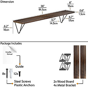 Wallniture Colmar Bathroom Shelves for Over The Toilet Storage, 36"x6" Floating Shelves for Wall Storage, Dark Burned Wood Wall Shelves Set of 2