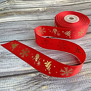 CUISANHOUSE 25Y Christmas Ribbon Satin, 1 inch Wide Printed Ribbons with Golden Christmas Tree Snowman Snowflakes, Merry Christmas Ribbon for Kids Gift Packaging Wrapping Craft Decoration (Red)