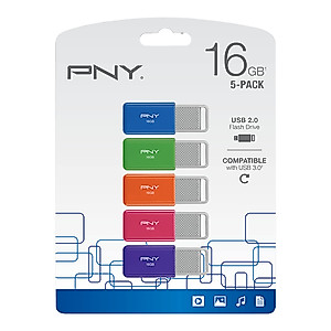 PNY USB 2.0 Flash Drives, 16GB, Assorted Colors, Pack of 5 Flash Drives