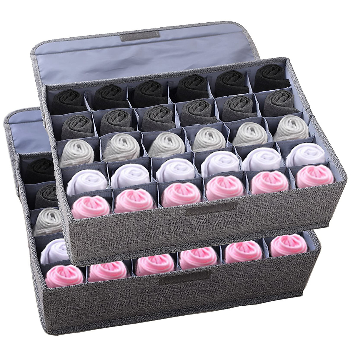 MURRI&MURRDI 2 Packs Sock and Underwear Storage for Closet with Lids,30 Cells Drawer Divider,Linen Cotton Sock Organizer,Foldable Closet Storage Box Bin for Socks, Lingerie, Ties,Scarves (2 Grey)