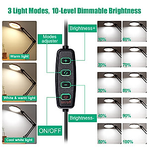 10X Magnifying Glass with Light Hand Free, HITTI 3 Color Stepless Dimmable Magnifying Lamp, 2-in-1 LED Lighted Deak Lamp & Clamp, Magnifier with Light and Stand for Craft Hobby Reading Close Workbench