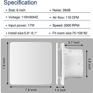 Fanspex 6” Bathroom Exhaust Fan With Front Panel, Bathroom Vent Fan for Window or Wall Mount, 1.0 Sones Quiet, 110 CFM, 17W Low Consumption, 5 Ft Long Cord with On/off Button