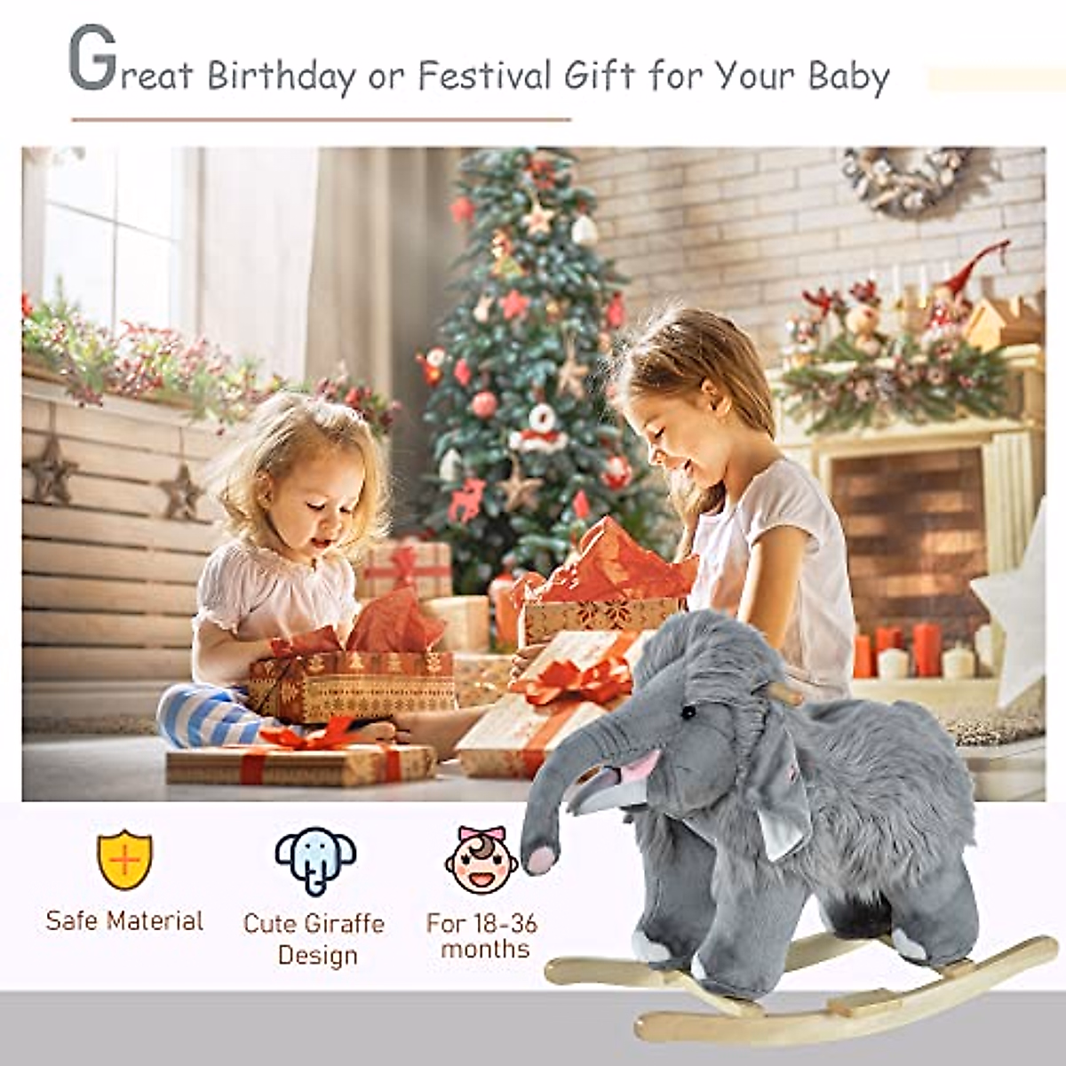 Qaba Kids Ride-On Rocking Horse Toy Mammoth Style Rocker with Fun Music & Soft Plush Fabric for Children 18-36 Months