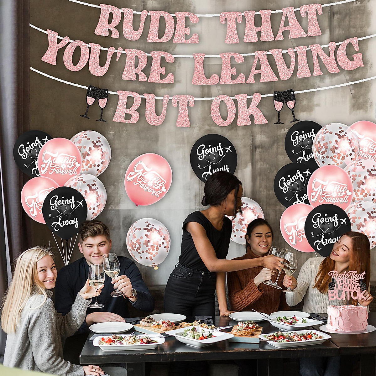RUDE THAT YOU'RE LEAVING BUT OK Banner & Cake Toppers & Balloons, Going Away Party Decorations, Office Coworker Goodbye Party, Retirement Party Decoration, Graduation Party Decorations(Rose Gold)