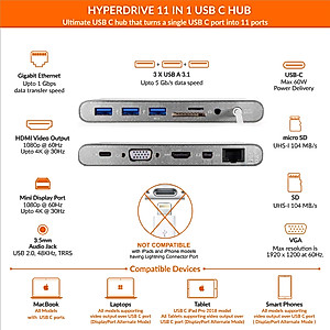 HyperDrive Ultimate 11-in-1 USB C Hub - Type-C Adapter for MacBook Pro/PC, USB-C Devices, HyperDrive USB C Hub w/PD Charging, 5Gbps Data, 4K HDMI, 3xUSB 3.1, VGA, Ethernet Docking Station