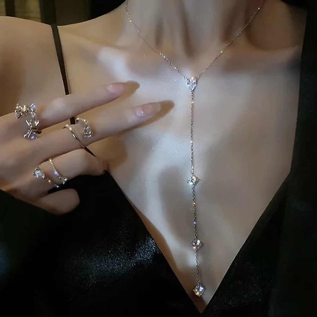 Jumwrit Dainty Chain Choker Necklace Rhinestone Teardrop Necklace Long Tiny Chain Necklace Silver Y Necklace Minimalist Necklace for Women Girls