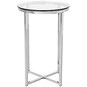 Walker Edison Cora Modern Glass Top Round Accent Table with X Base, 16 Inch, Glass and Chrome