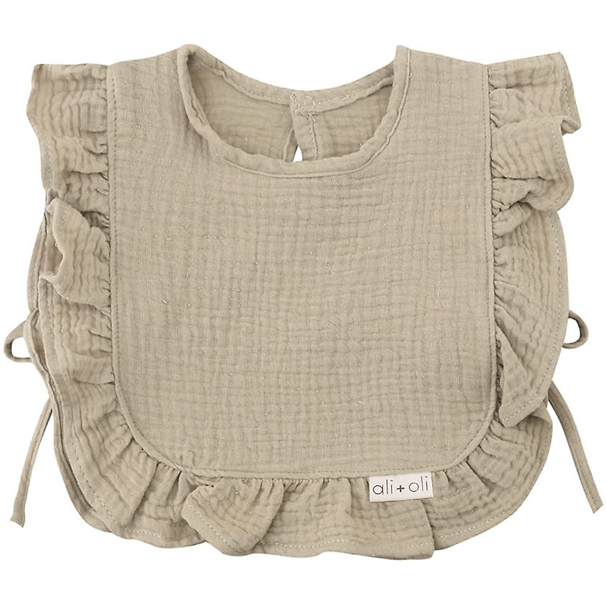 Ali+Oli Snap Baby Bib (Taupe, Ruffle Edge) - 2-Layer Soft Muslin Bibs, Durable Baby Bibs for Girls, Absorbent Burp Cloth, Cloth Bibs, Drool Bibs, Baby Girl Newborn Essentials for 0-24 Months