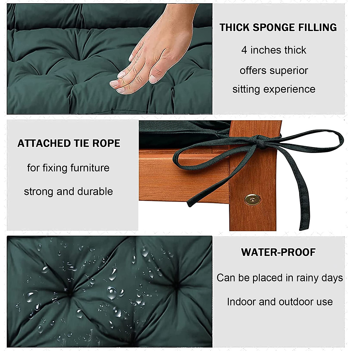 Porch Swing Replacement Cushion, Outdoor Bench Cushions with Backrest Thicken 4", 3 Seat Patio Furniture Garden Loveseat Glider Pad Anti-Fading Waterproof (Green, 59.06 * 39.37inch)