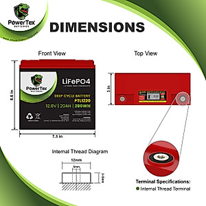 Powertex Batteries 12V 20Ah 264Wh Lithium Ion LiFePO4 Deep Cycle Rechargeable Battery - 5-10 Year Battery Life - SLA Drop-in Replacement for RV, Marine, Electric Scooters, Wheelchairs & More!