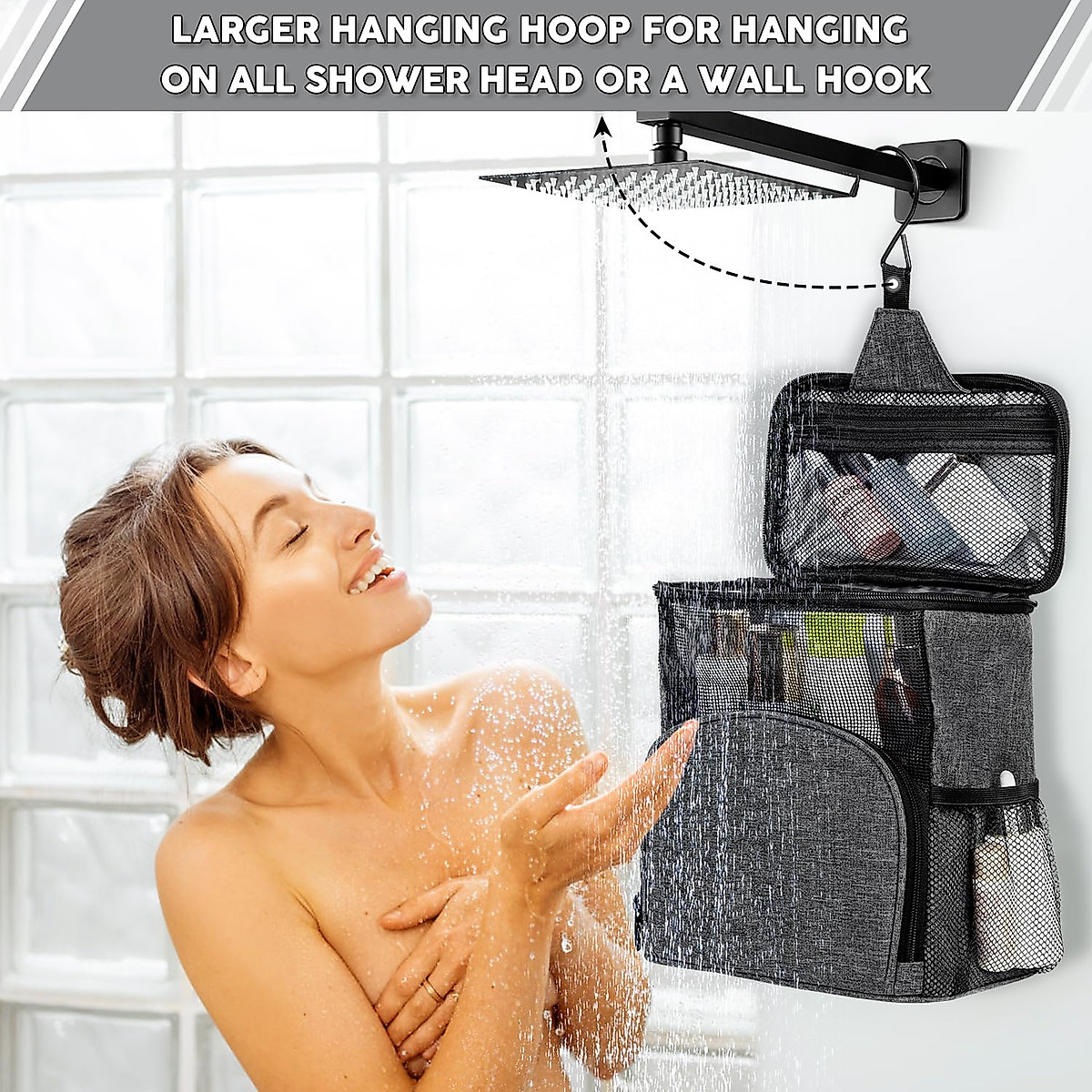 Portable Shower Caddy Dorm, Hanging Shower Bag for Camping Drain from Bottom - College Dorm Room Essentials for Guys Mesh Shower Tote Bag with Hook - Travel Men Women, Gray