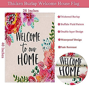 HUGSVIK Burlap Welcome House Flags 28 x 40, Double-sided Welcome to Our Home Garden Flags for Outside, Flower Spring Garden Flags Yard Flags for Spring Summer Holiday Garden Backyard Lawn