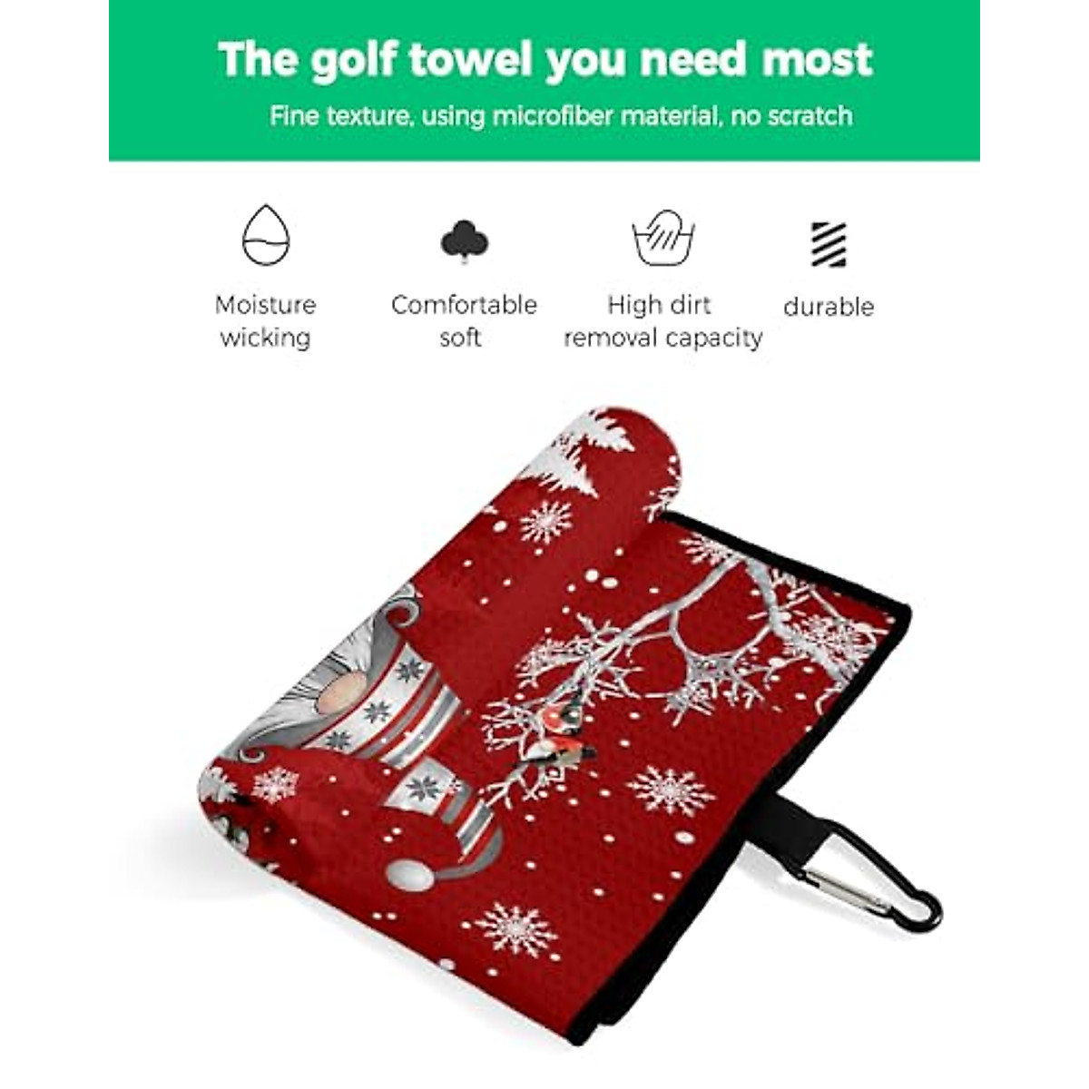 Golf Towel Christmas Gnome Xmas Dwarf Red,Waffle Pattern Microfiber Club Cleaner Golf Towels with Carabiner Clip for Women Men Dad,Winter Gift Bird Branch Golf Towel for Golf Bags Accessories,24x16in