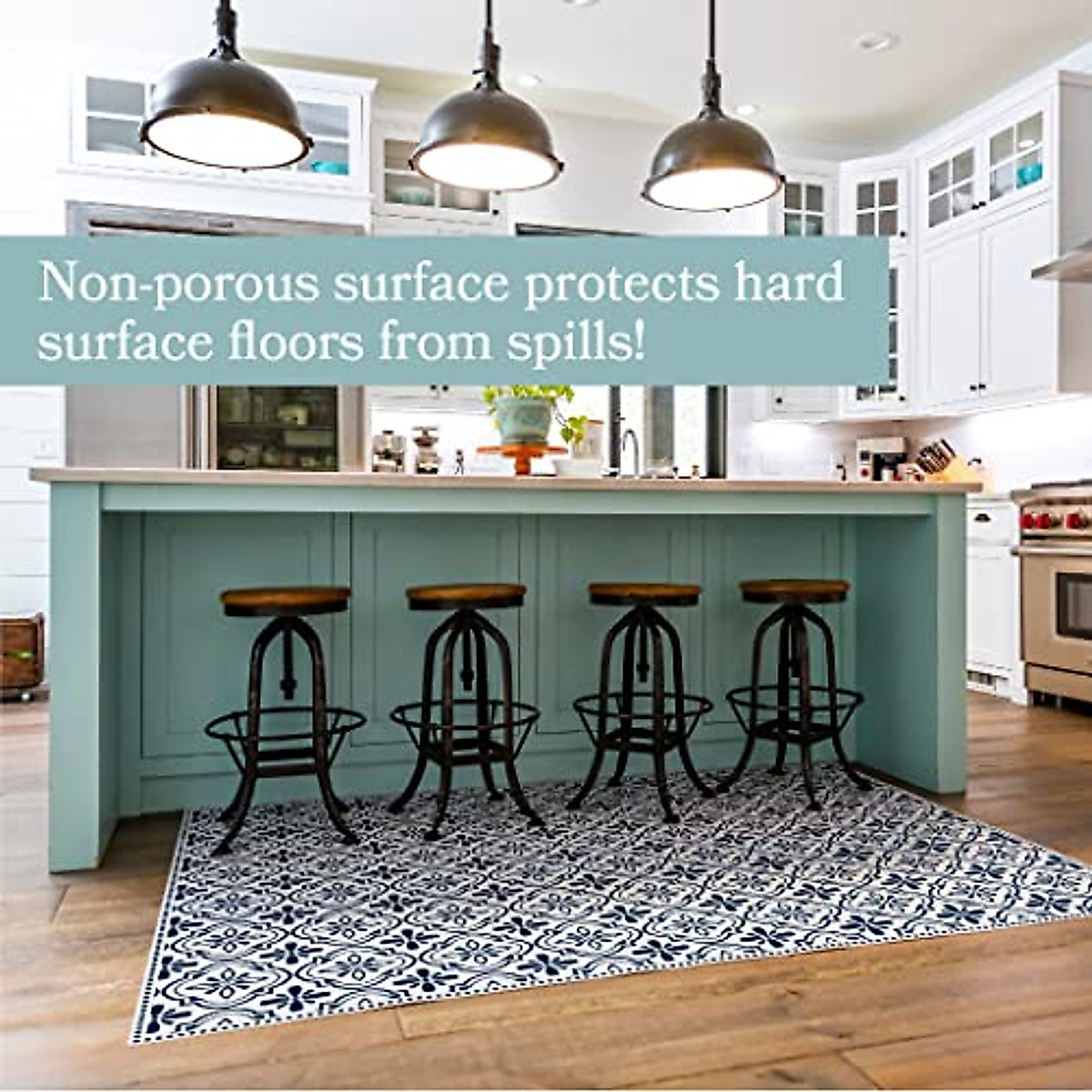 Carolina Creekhouse Scarlett FloorFlat | Decorative Vinyl Floor Covering | Lay Flat | Durable | No Curling Edges | Waterproof | Easy Clean | Wipeable | Eco-Friendly | 4’ x 6’ Mat | Blue