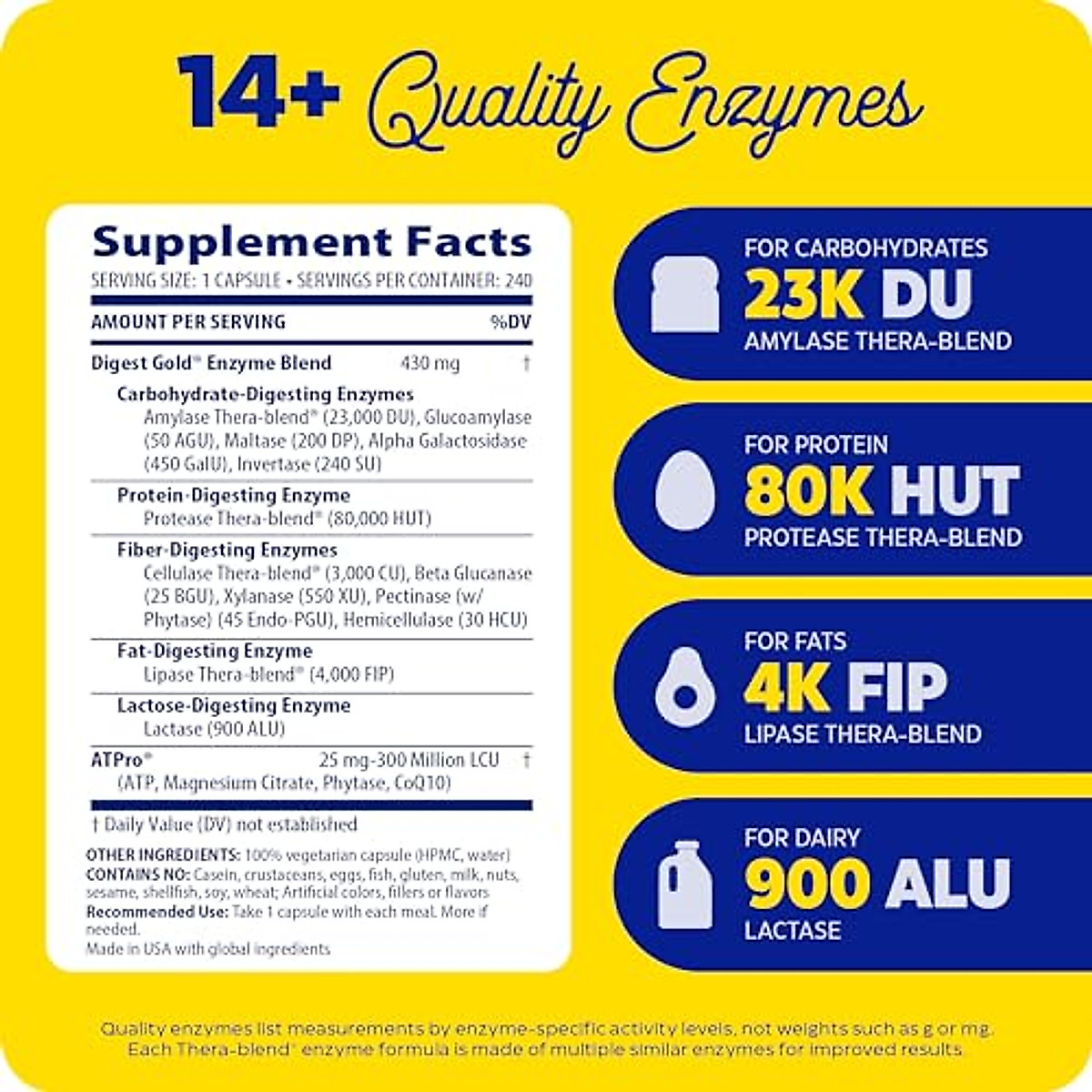 Enzymedica Digest Gold + ATPro, Maximum Strength Digestive Enzymes, Helps Digest Large Meals for Instant Bloating Relief, 240 Count